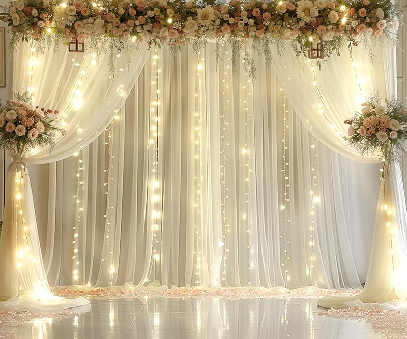 Champagne Tulle Backdrop Curtain with Lights String for Parites Wedding ...