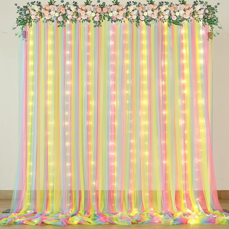 Champagne Tulle Backdrop Curtain with Lights String for Parites Wedding ...