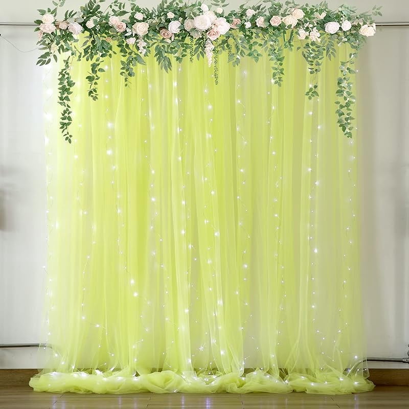 Champagne Tulle Backdrop Curtain with Lights String for Parites Wedding ...