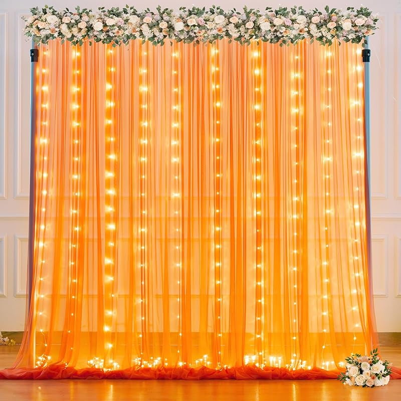 Champagne Tulle Backdrop Curtain with Lights String for Parites Wedding ...
