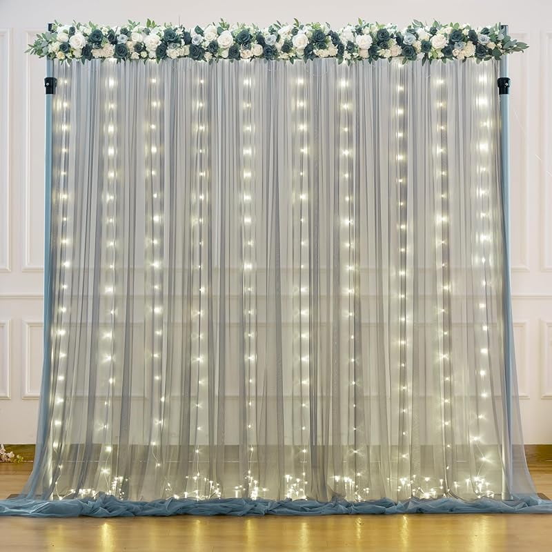 Champagne Tulle Backdrop Curtain with Lights String for Parites Wedding ...