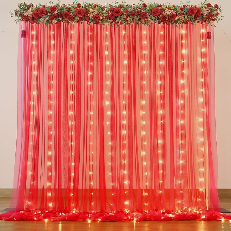 Champagne Tulle Backdrop Curtain with Lights String for Parites Wedding ...
