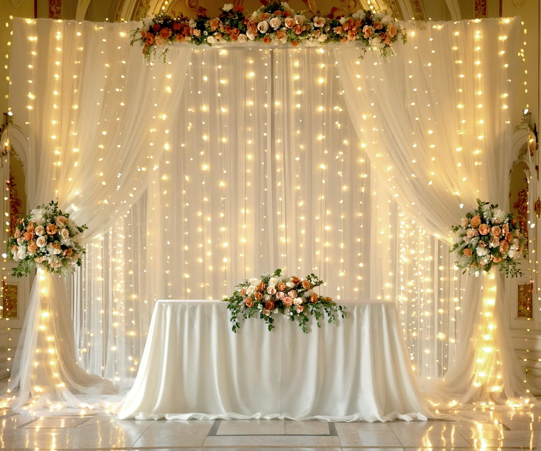 Champagne Tulle Backdrop Curtain with Lights String for Parites Wedding ...