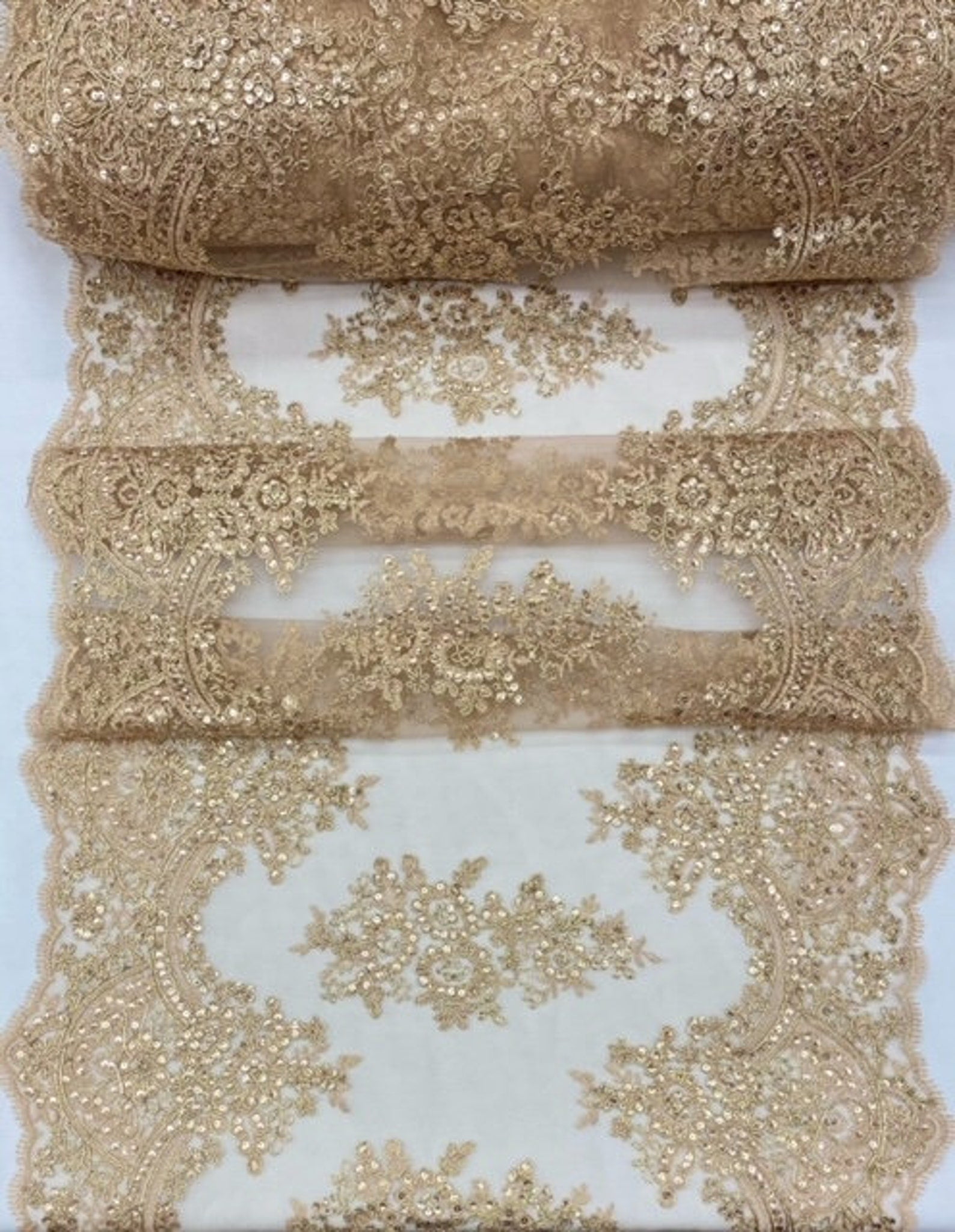 Champagne – Valentina Textile Inc VT-14 Sequin Embroidered Lace Mesh ...