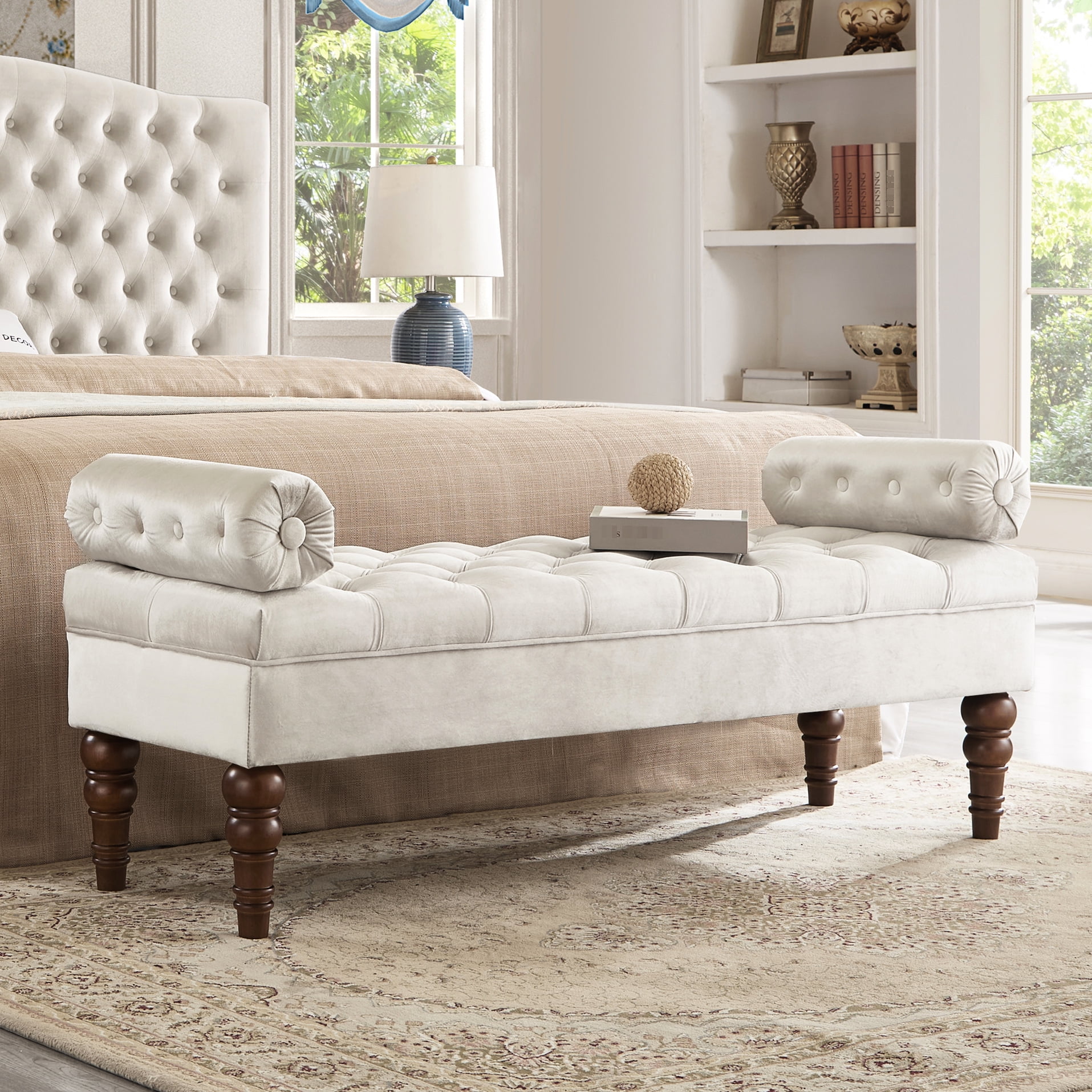 Champagne Velvet Bedroom Sitting Area Bench - Buttons And Solid Wood ...