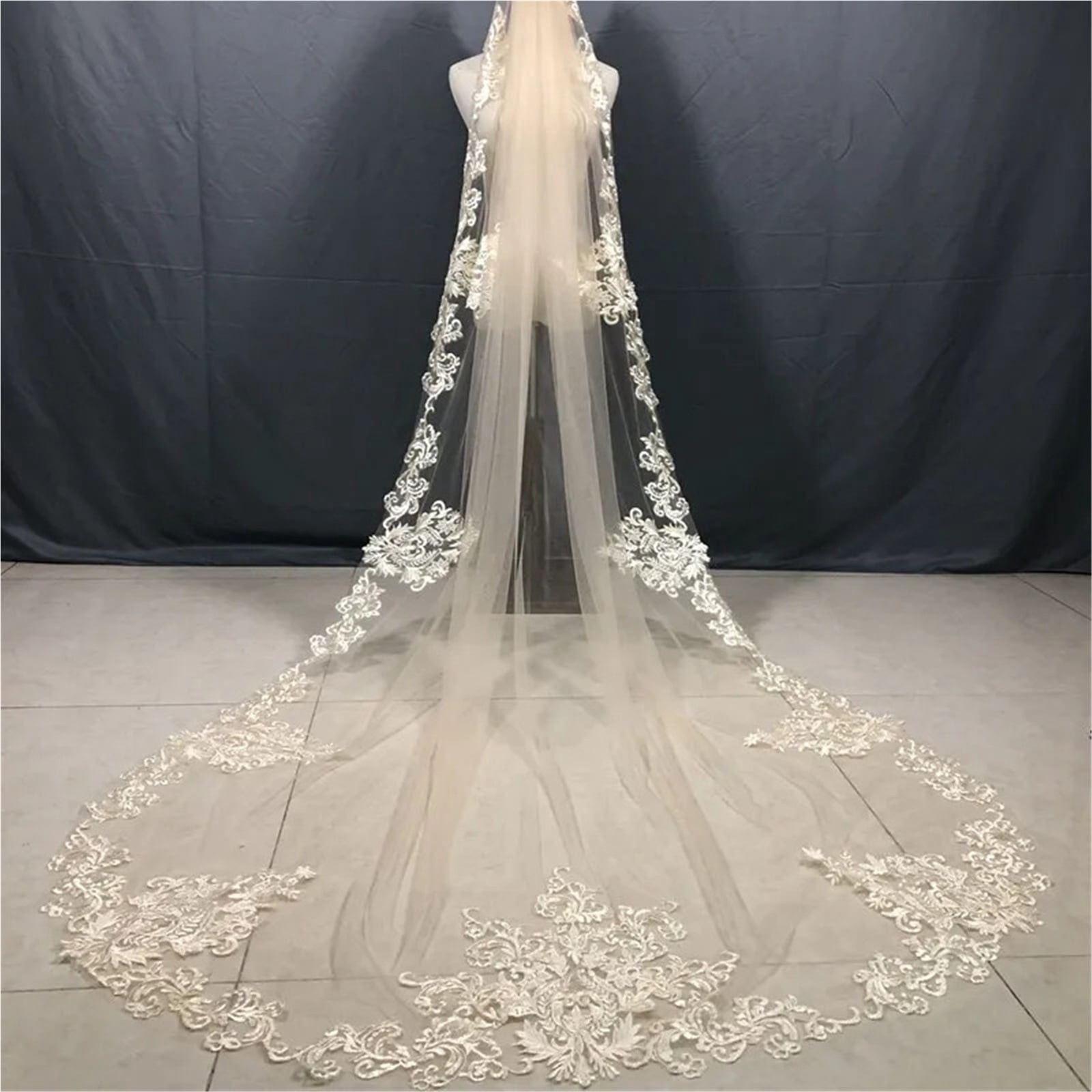 Champagne White Bridal Cathedral Length Veil Top Appliqued Long Wedding ...