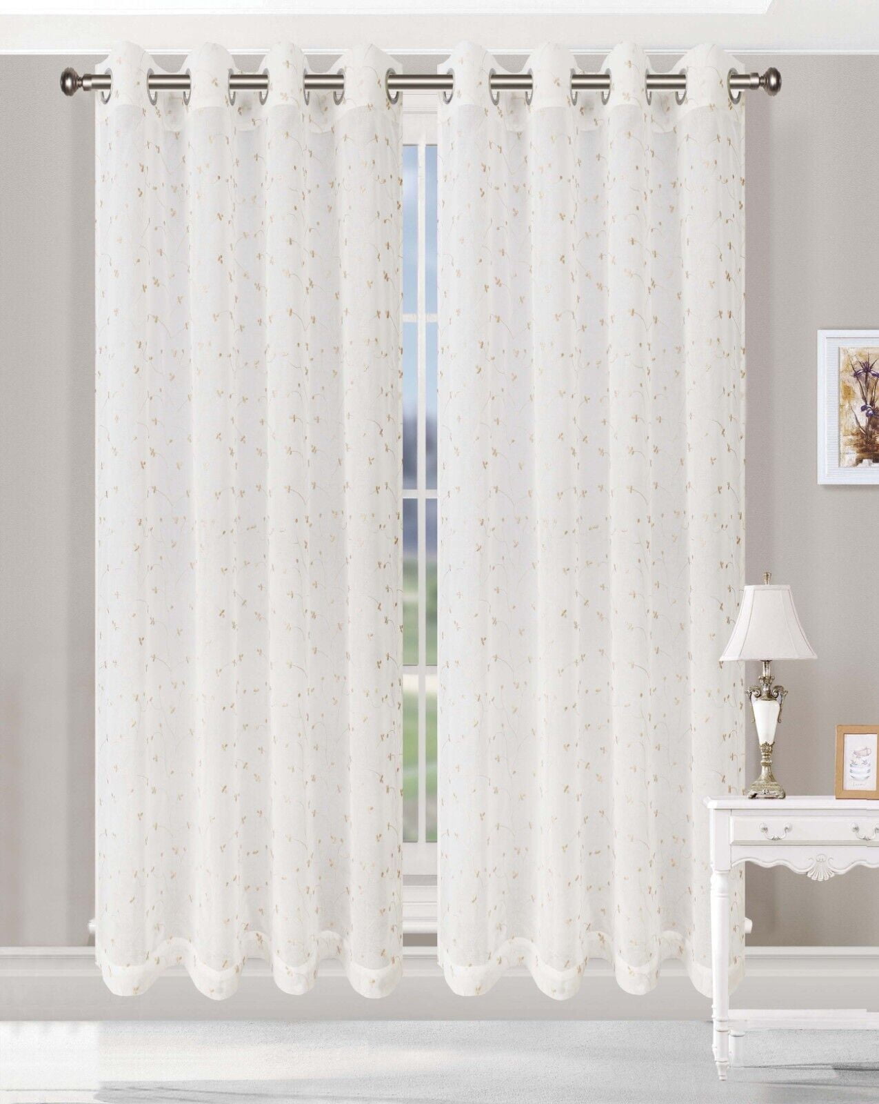 Champagne/White Flower Embroidered Grommet Header Sheer Window Curtains ...