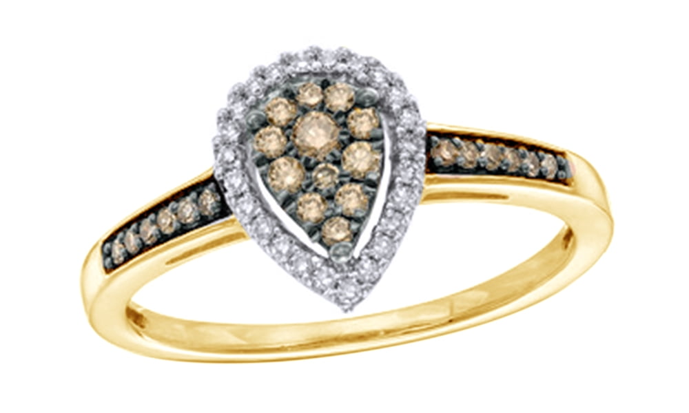 Champagne & White Natural Diamond Cluster Pear Shaped Frame Ring in 10k ...