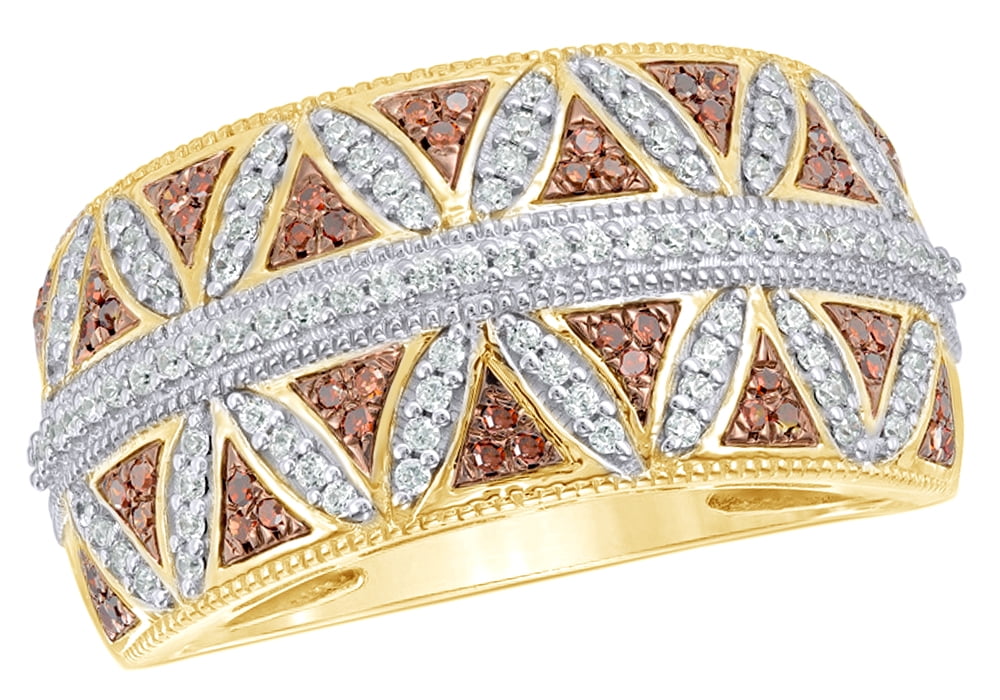 Champagne & White Natural Diamond Criss-Cross Pattern Ring in 10k ...