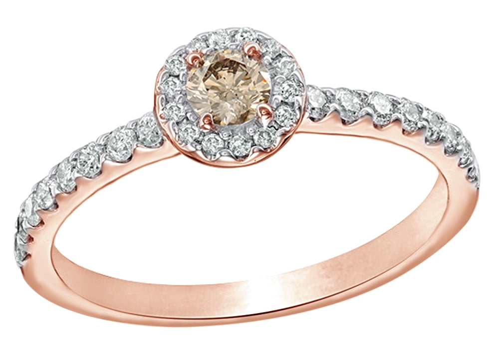 Champagne & White Natural Diamond Frame Engagement Ring in 14k Rose ...