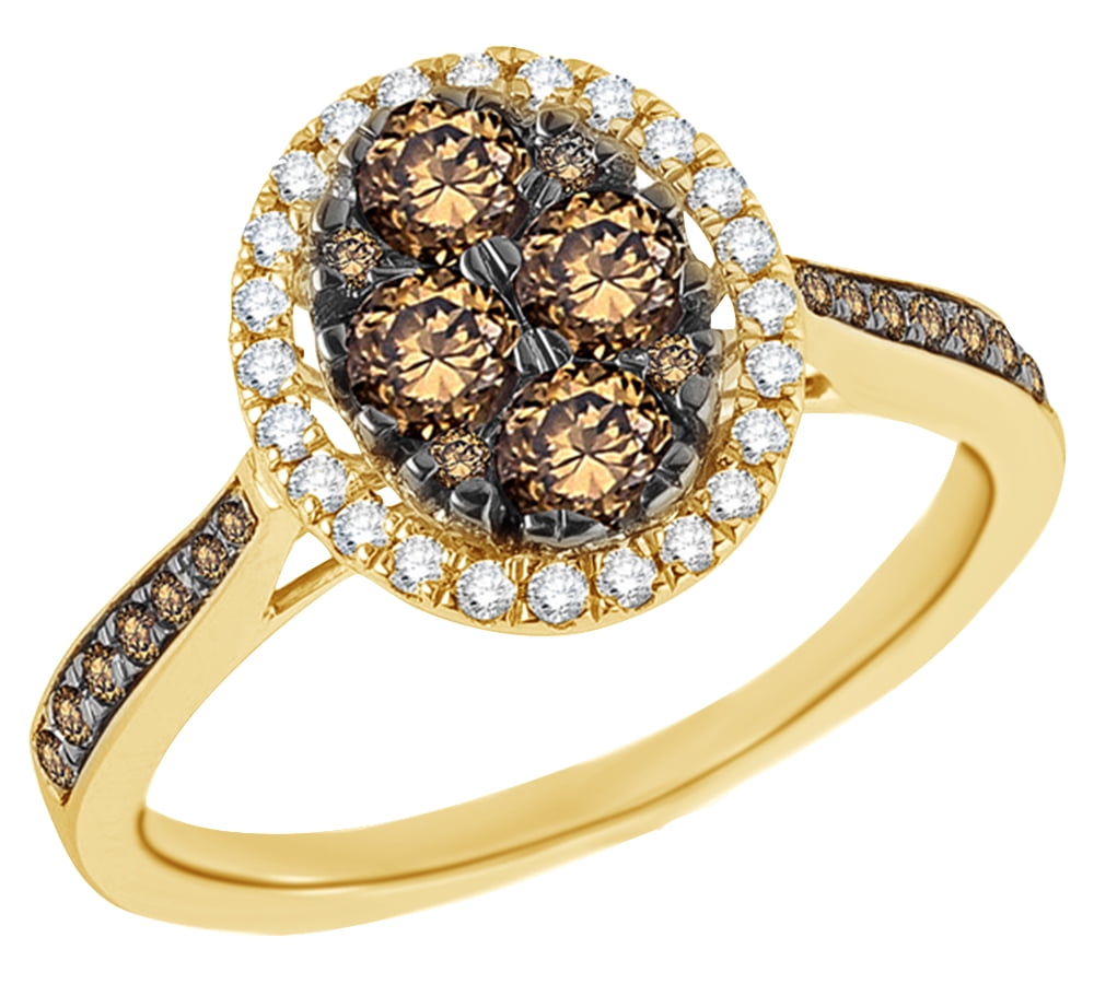 Champagne & White Natural Diamond Oval Frame Cluster Ring in 10k Yellow ...