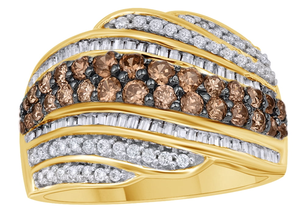 AFFY Champagne & White Natural Diamond Rolling Waves Ring in 10k Yellow ...