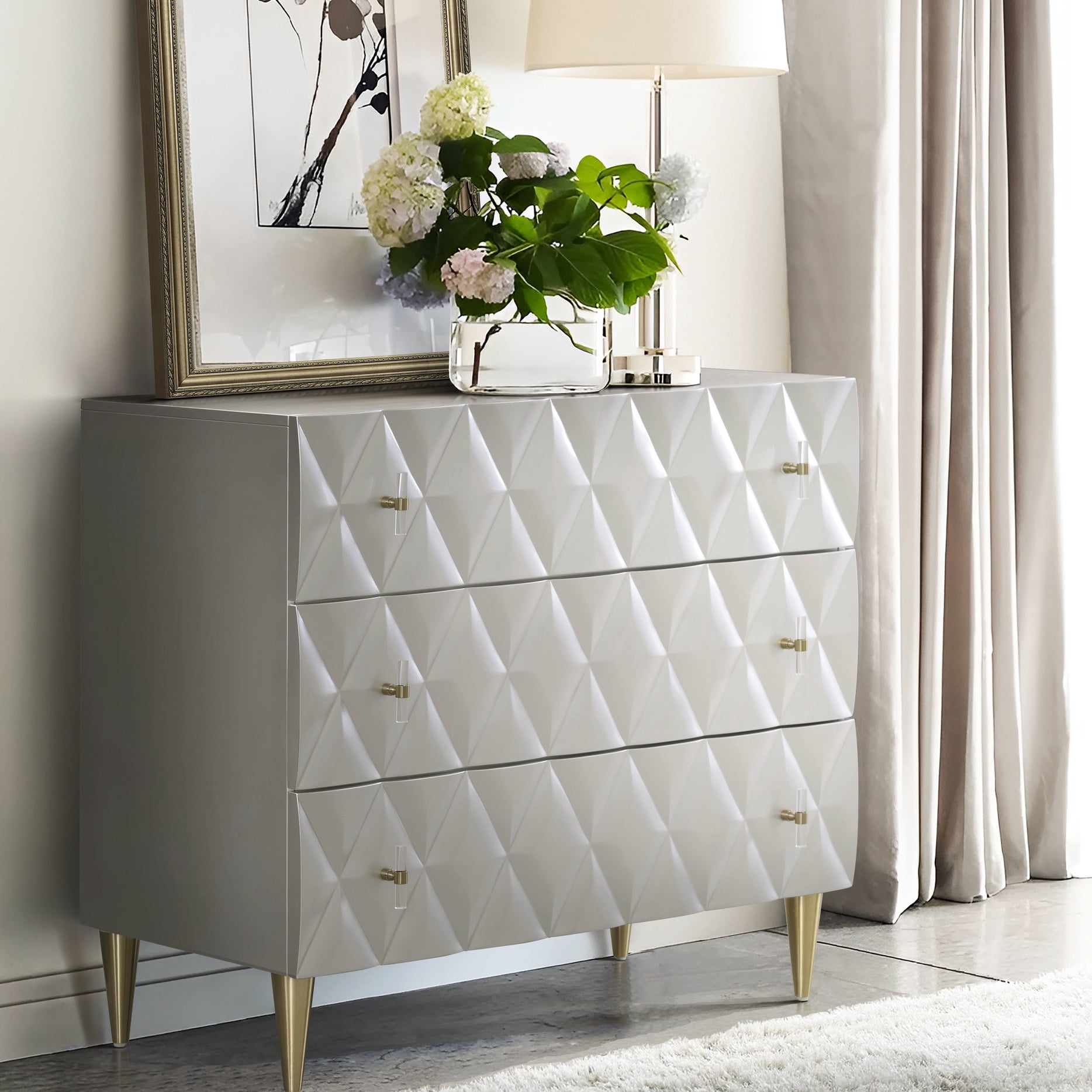 Champagne and silver console cabinet with 3 drawers and diamond ...