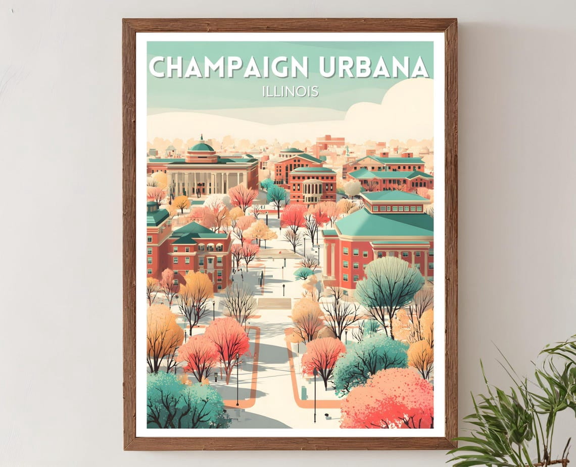 Champaign Urbana Retro Travel Mid Century Modern Vintage Cityscape ...