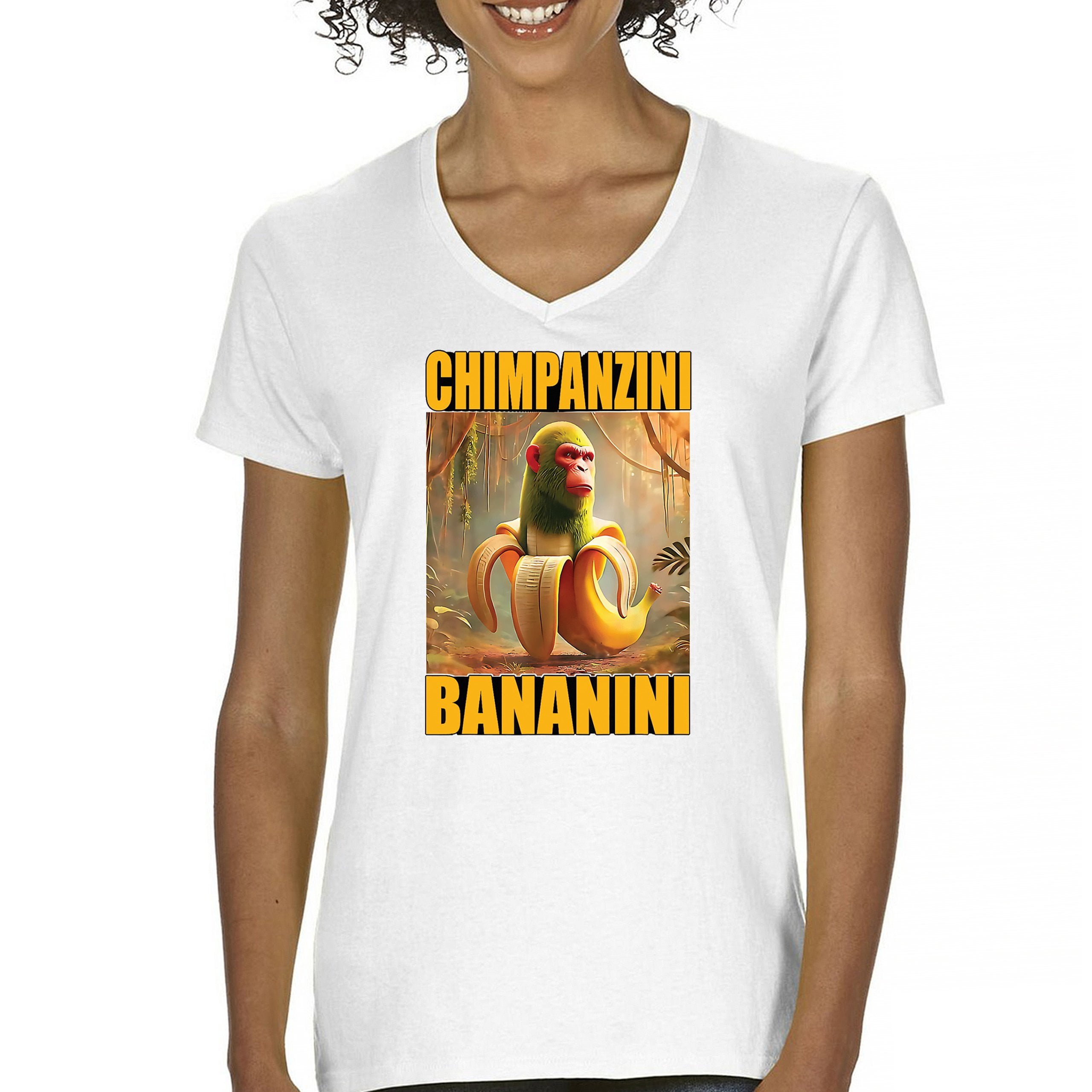 Champanzini Bananini Women's V-Neck T-shirt Fun Italian Brainrot Gen Z ...