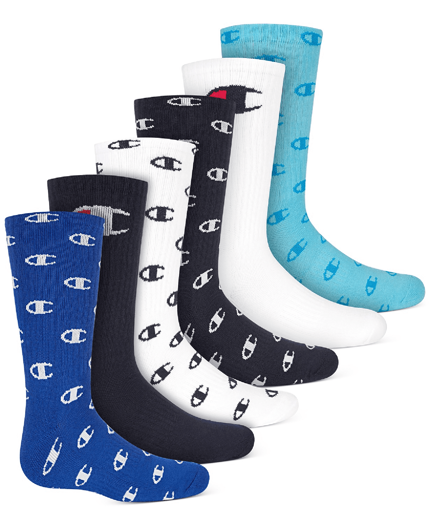 Champion Big Kid's 6 Pack Crew Sock, Sock Size 9-11/Shoe Size 5Y-7Y ...