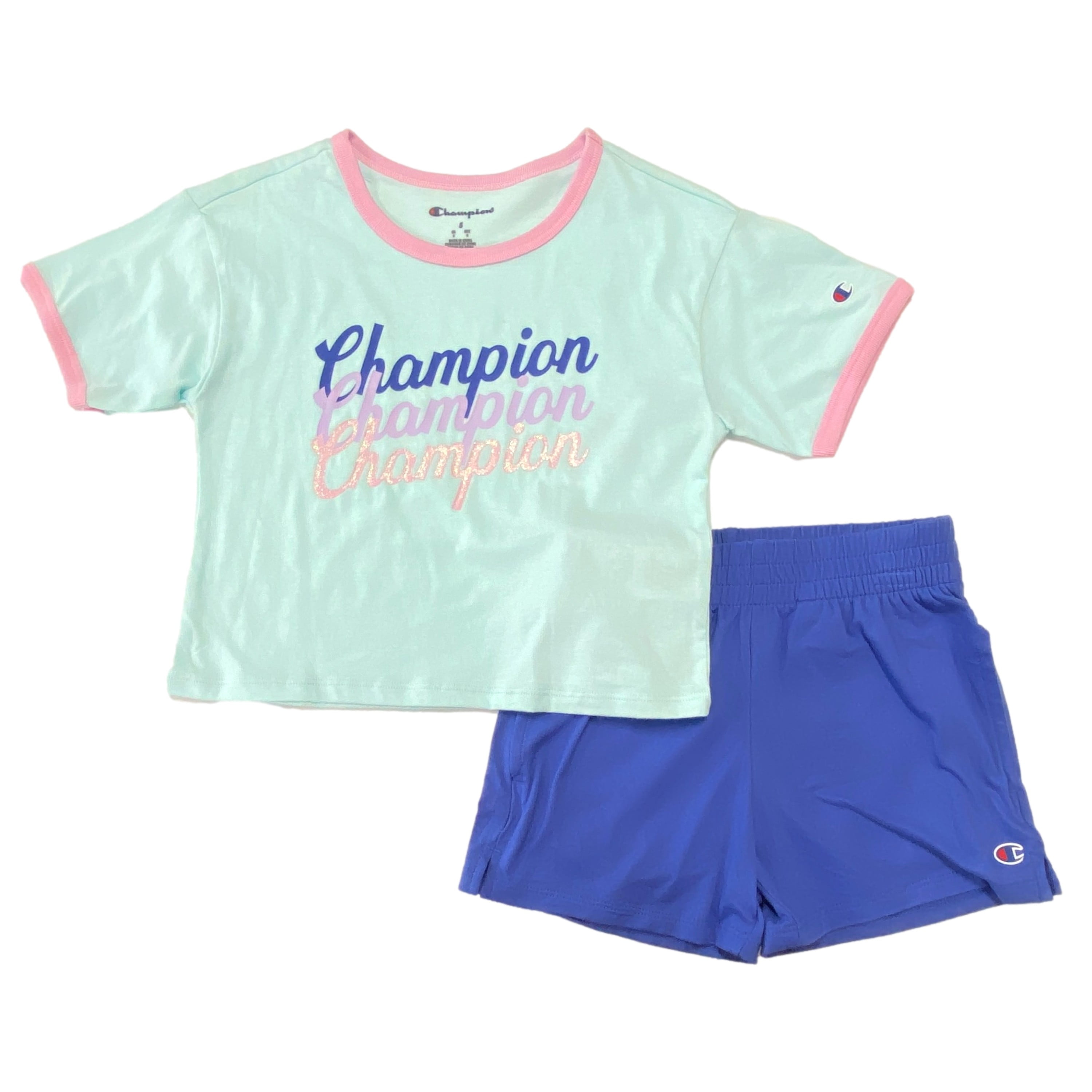 Champion Girls 2PC Outfit Light Blue & Pink Tee Shirt T-Shirt & Shorts ...