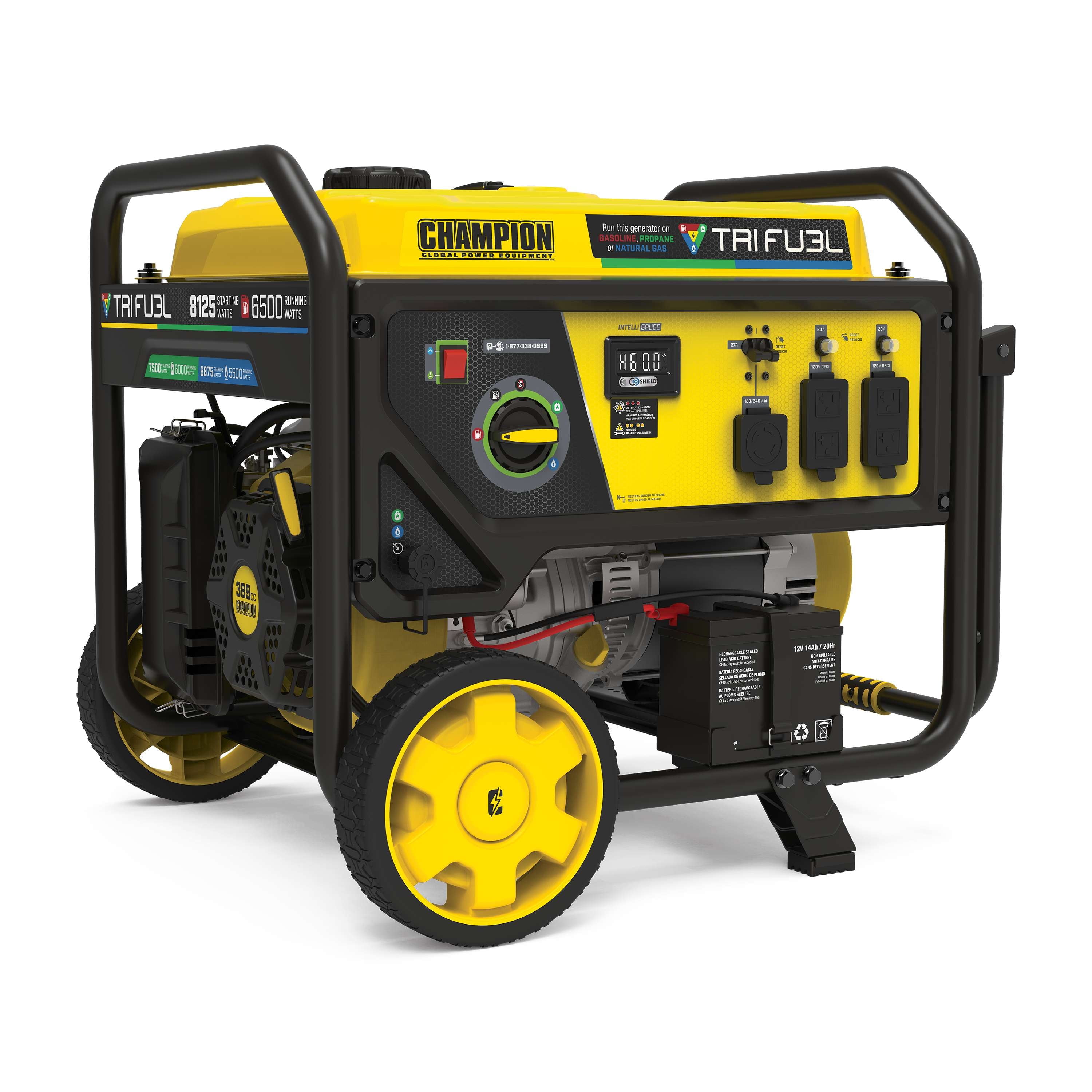 Champion 6500-Watt Electric Start Tri-Fuel Portable Generator with CO ...