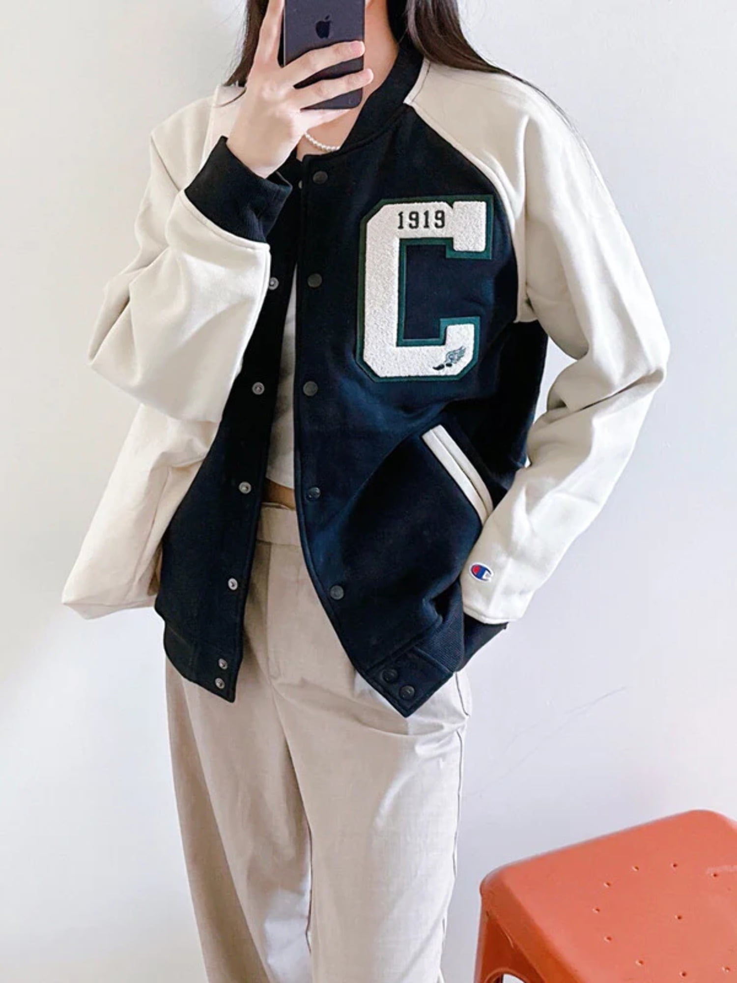 Champion Premium Letterman Big C Logo Varsity Style Jacket Black/Cocoa ...