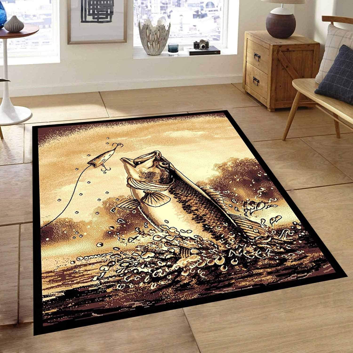 Champion Rugs Wildlife Nature Fish Bass Lodge Fishing Scene Area Rug ...