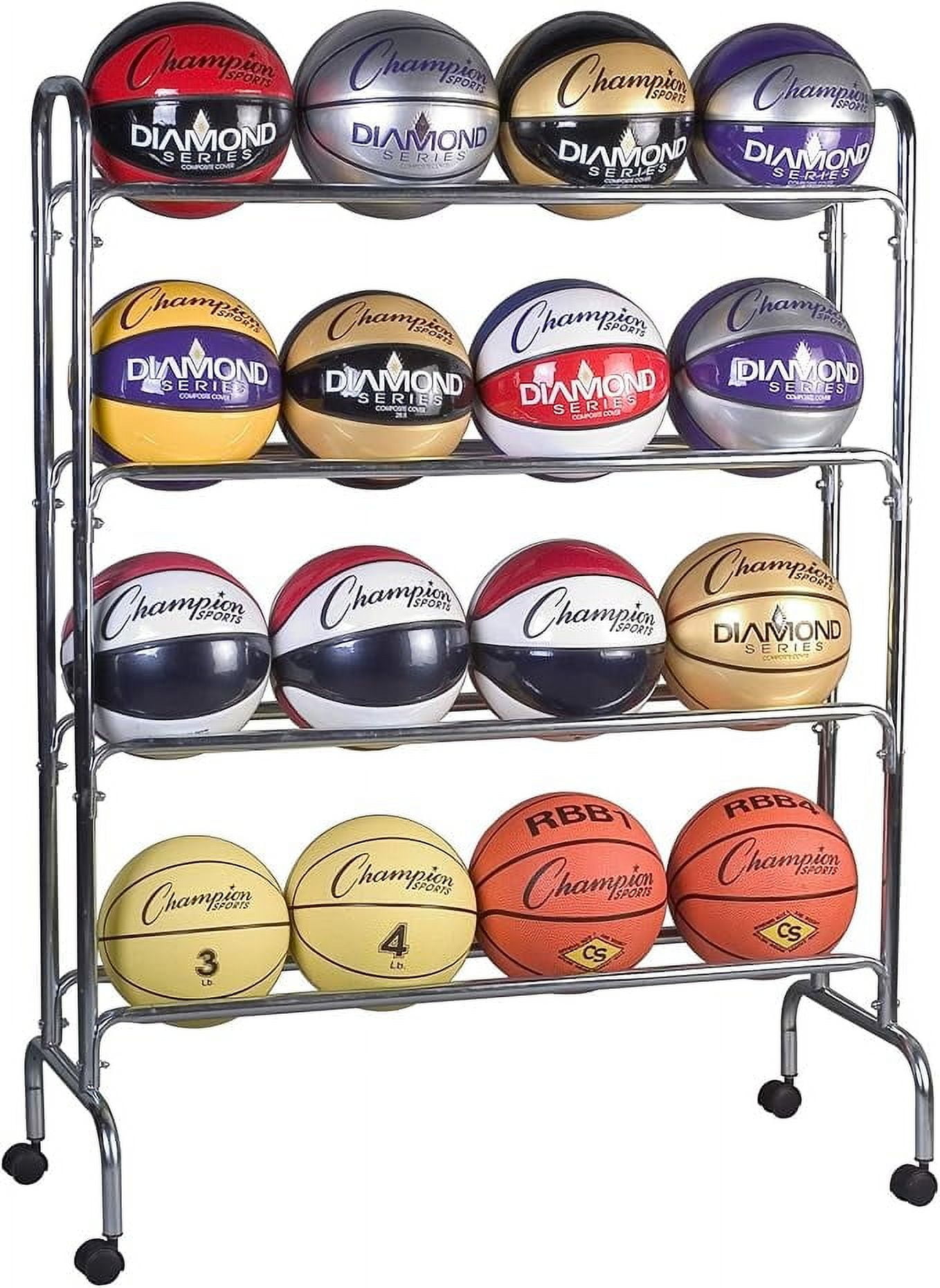 Champion Sports Four Tier Basketball Storage Cart Rack, 16 Ball ...