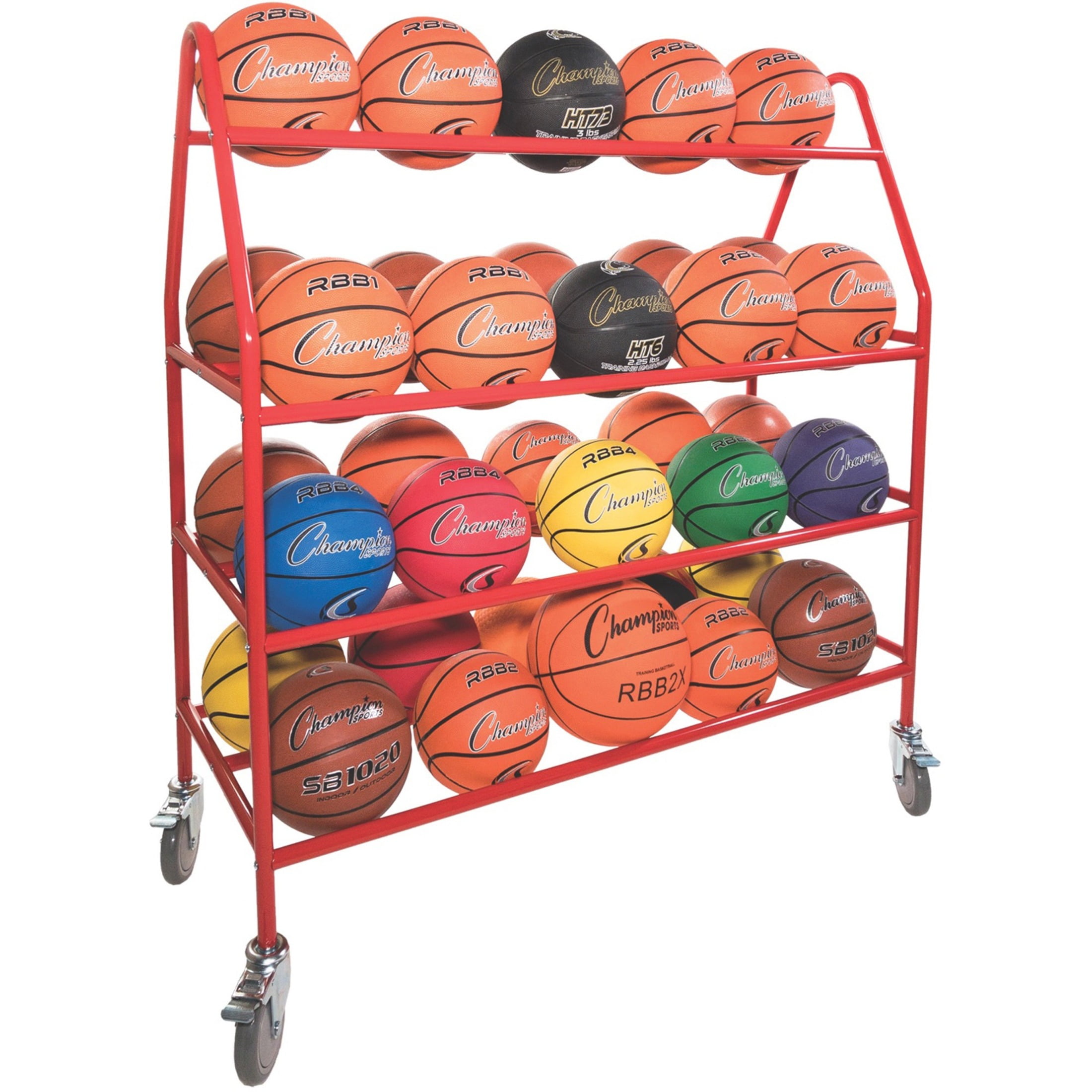 Champion Sports Double Wide Four Tier Basketball Storage Rack Cart with ...