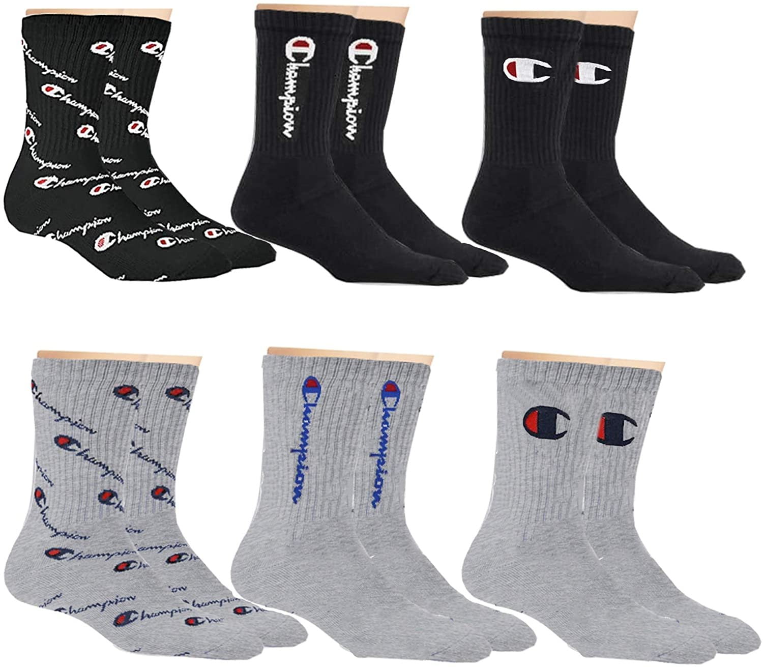 Champion Unisex 6-Pack Multi Logo Print Crew Socks Assorted - Black ...
