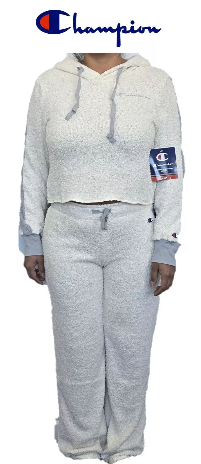 Champion Women's 2 Pcs Crop Top Pajamas Set Plush Ivory Marshmallow ...