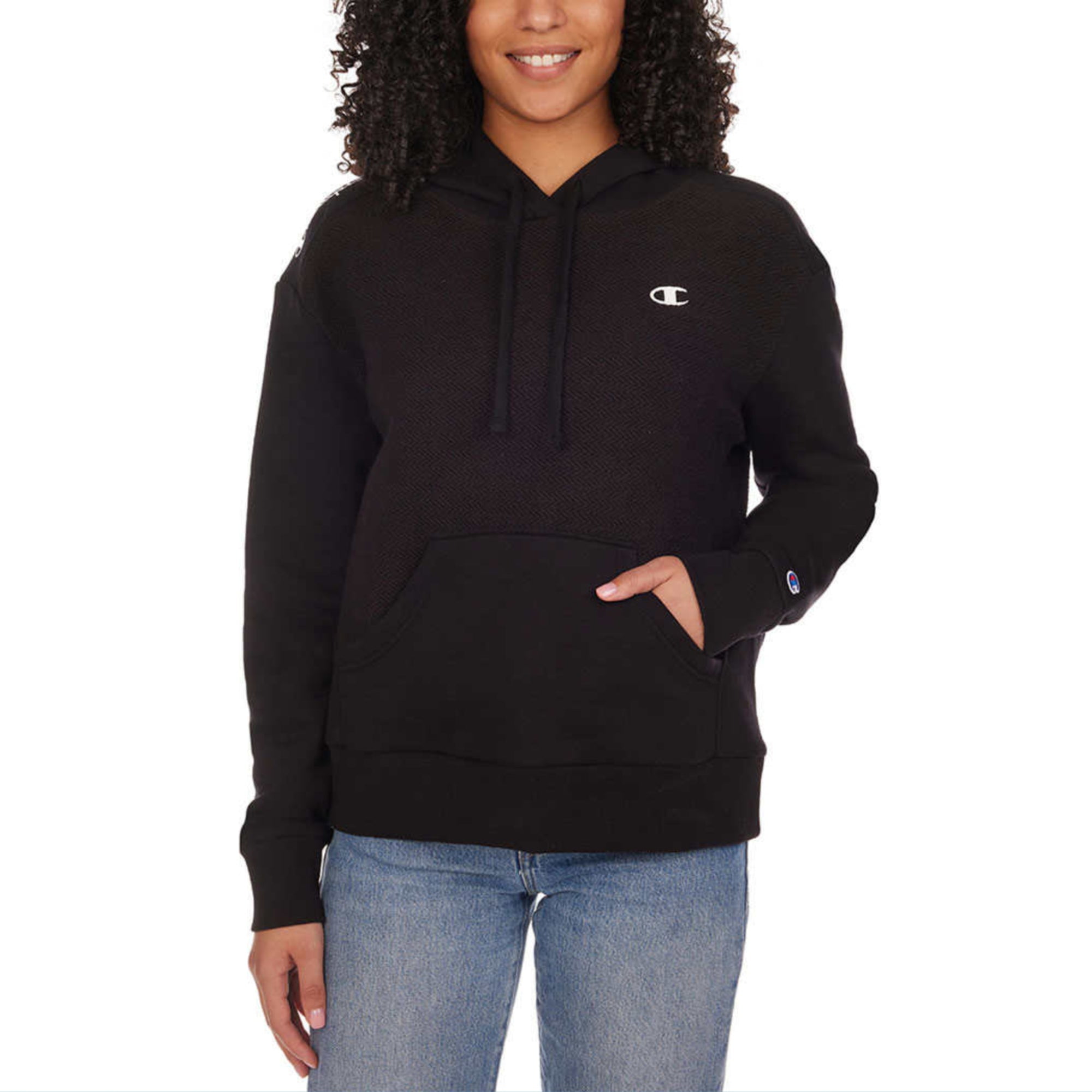 Champion Women's Kangaroo Pocket Herringbone Cotton Blend Hoodie-Black ...
