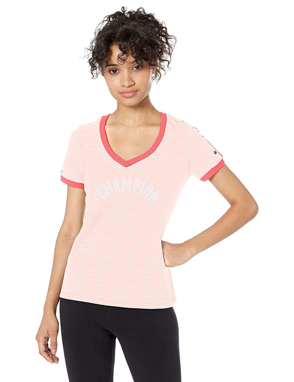 Champion Womens Heritage V-Neck Ringer Tee, M, Primer Pink/White ...