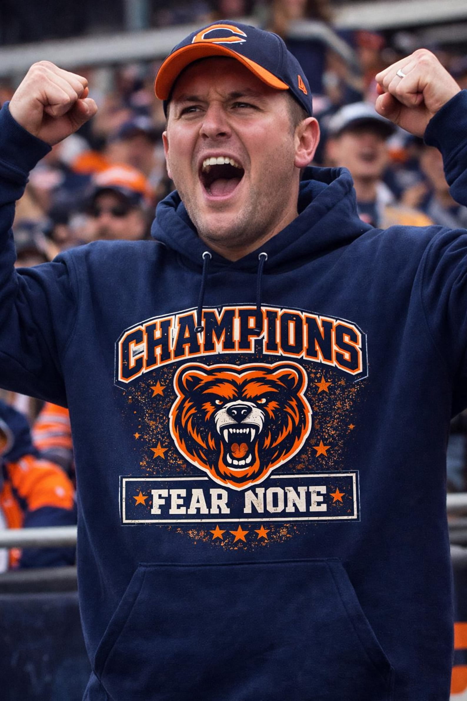 Champions Fear None Bear Hoodie, Bold Football Fan Tee | Chicago Style ...
