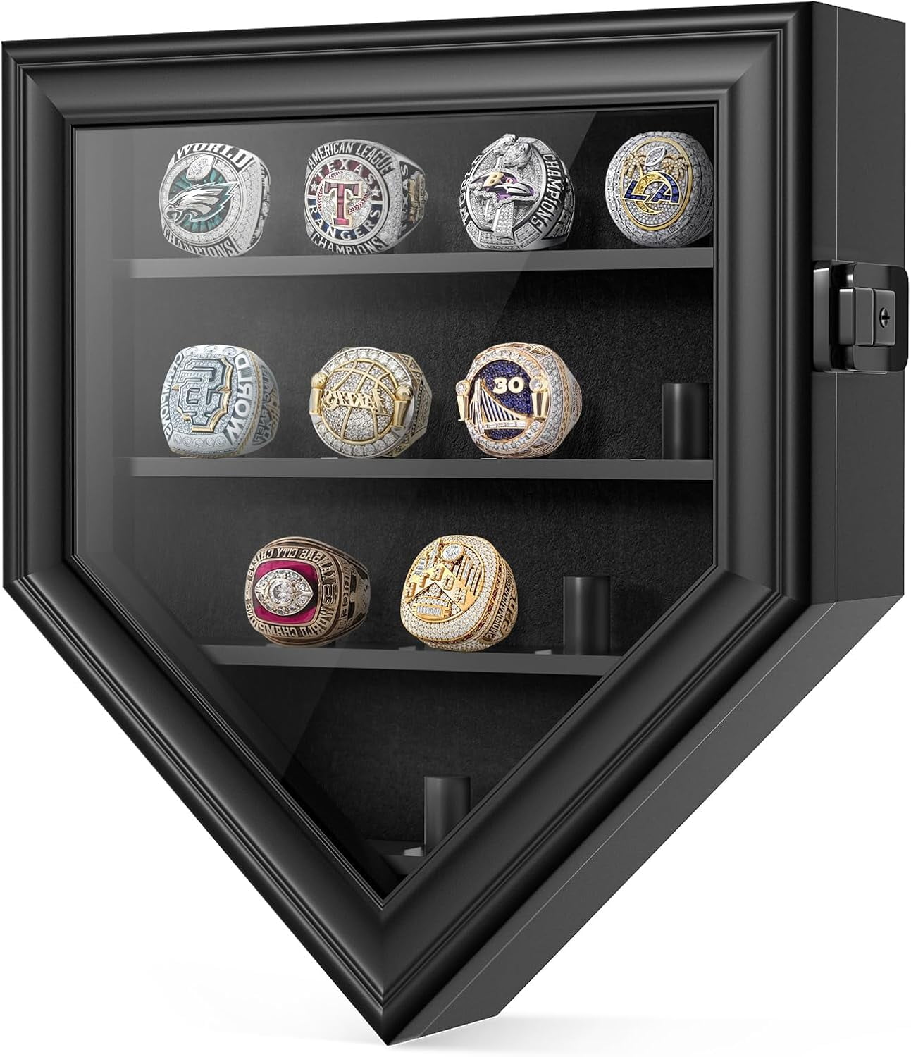 Championship Ring Display Case, 12 Posts Baseball Ring Holder, Lockable ...