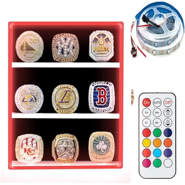 Championship Ring Display Case RGB LED - 9 Ring Large Baseball Ring ...