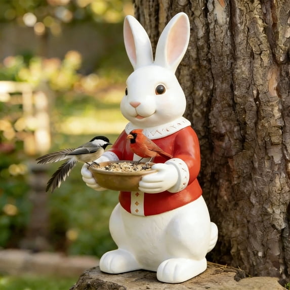 Chanana Rabbit Bird Feeder Statue with Red Coat, Easter Bunny Garden ...
