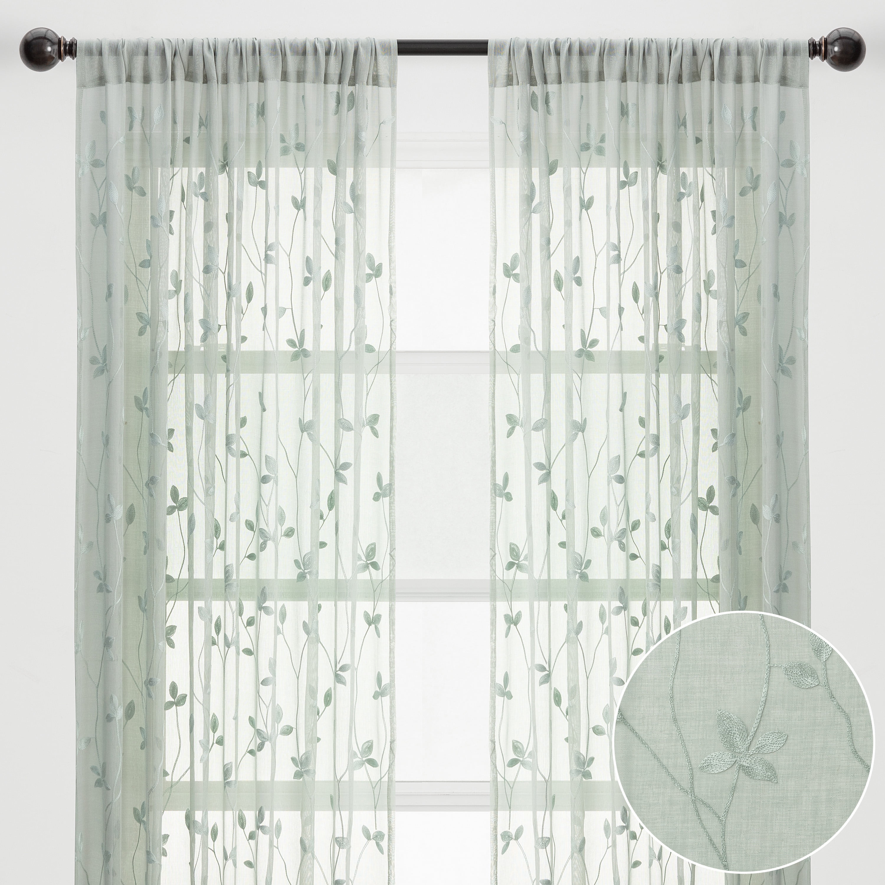 Chanasya Green Sage Sheer Curtains 2 Panels Set - Embroidered Vine Leaf ...