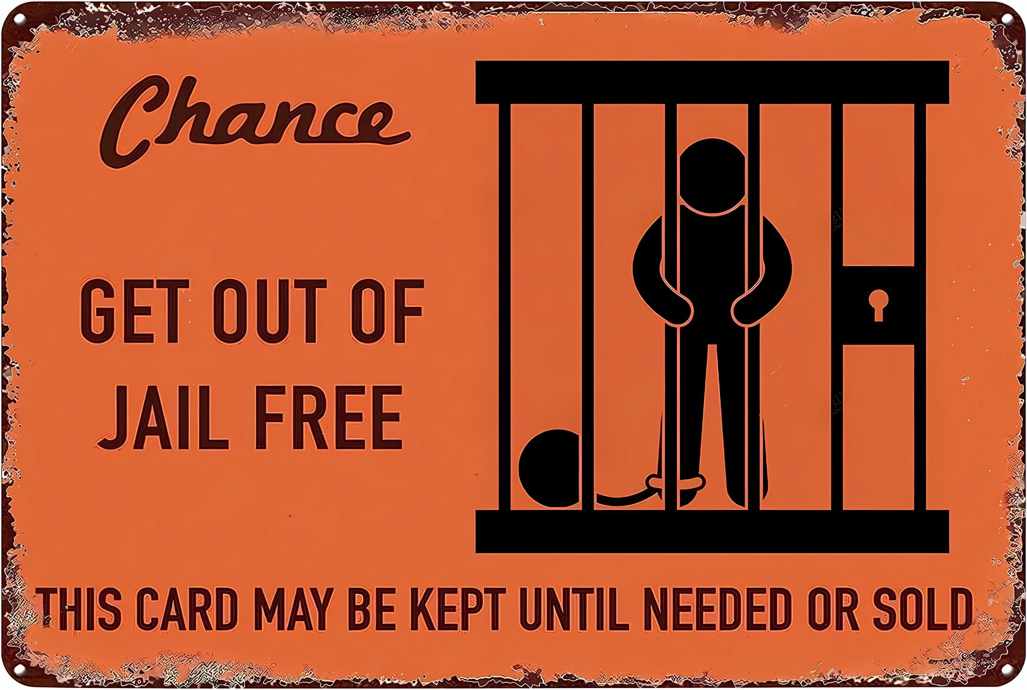 Chance Card Get Out of Jail Free Tin Sign - 12×8 Inches, Vintage Wall ...