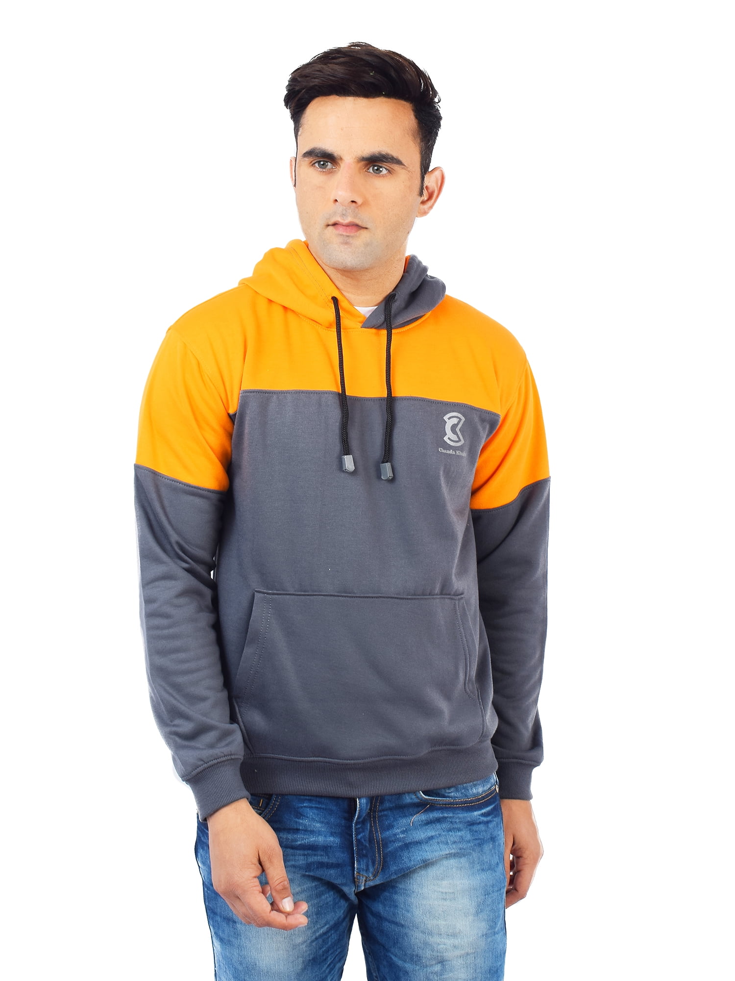 Chanda Khuba Hoodies for Men Orange and Dark Melange Fleece Blend Full ...