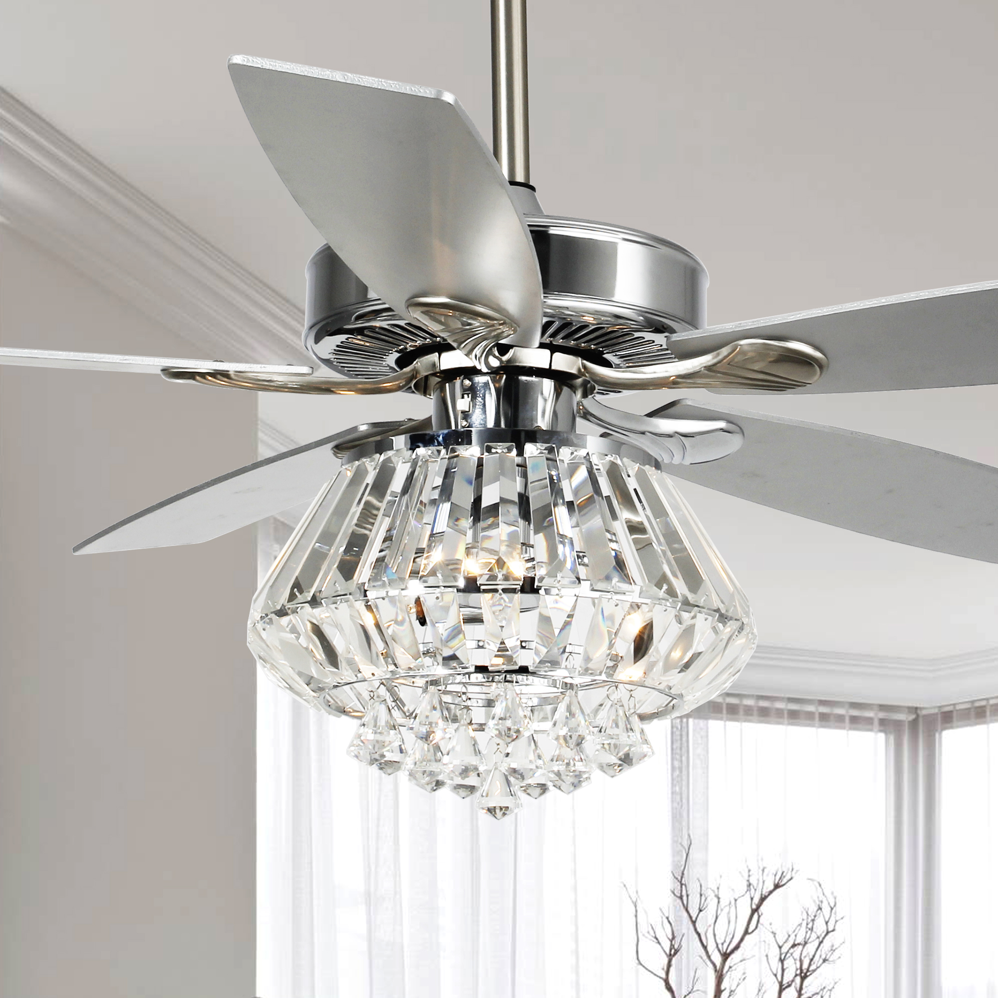 52" Modern Crystal Ceiling Fan with Lights Remote Control Reversible 5 ...