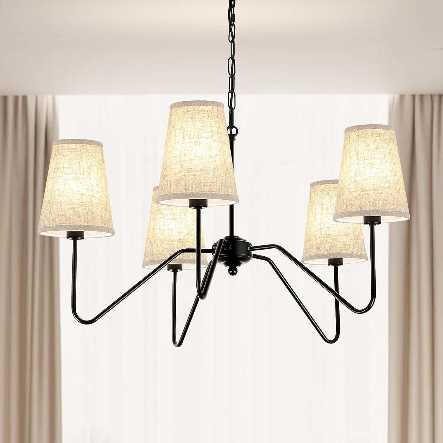 Chandelier with Linen Shade, Black Dining Room Light Fixtures Over ...