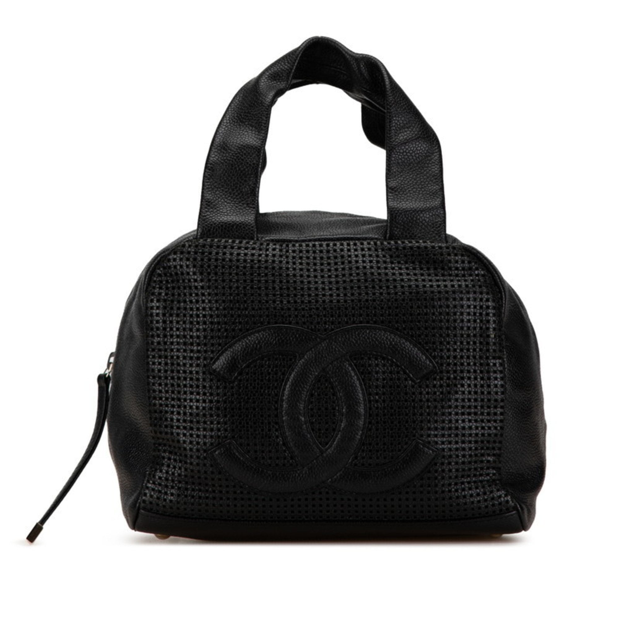 Pre-Owned Chanel Coco Mark Mesh Handbag Boston Bag Black Caviar Skin ...