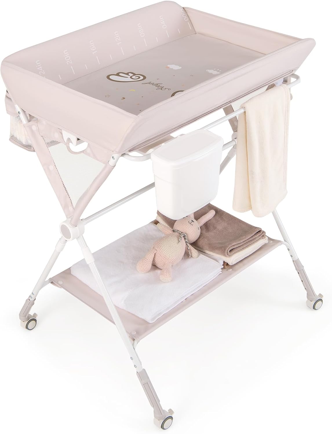 Changing Table Folding Mobile Nursery Organizer w/Wheels Adjustable ...