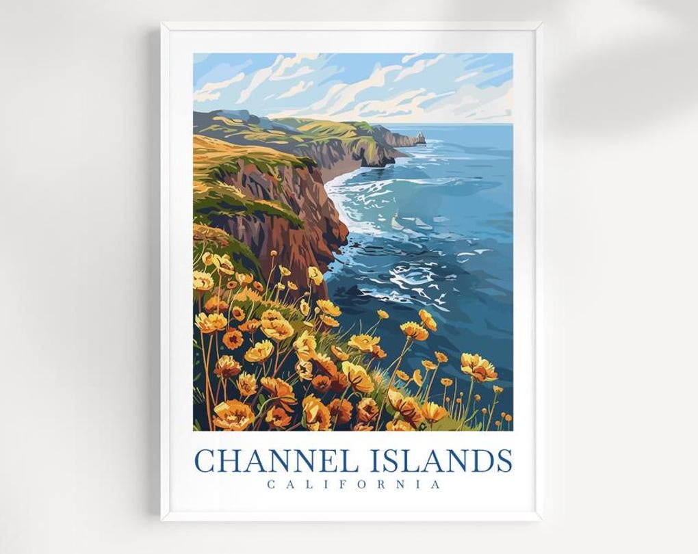 Channel Islands California Travel Print Wall Art - Illustrated Coastal Landscape, Original ...