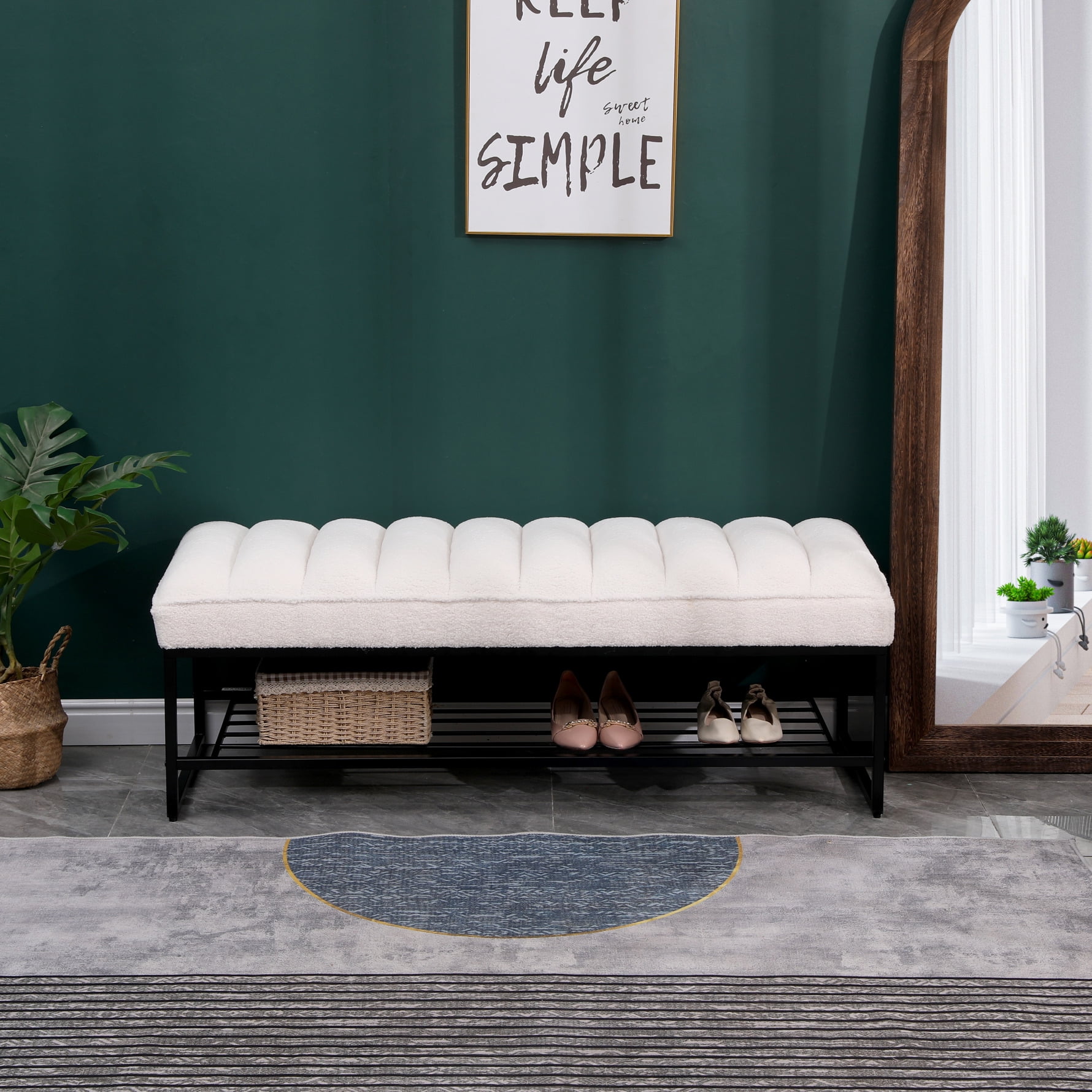 Channel Tufted Bench with Metal Storage Shelf, Sherpa Upholstered Shoe ...