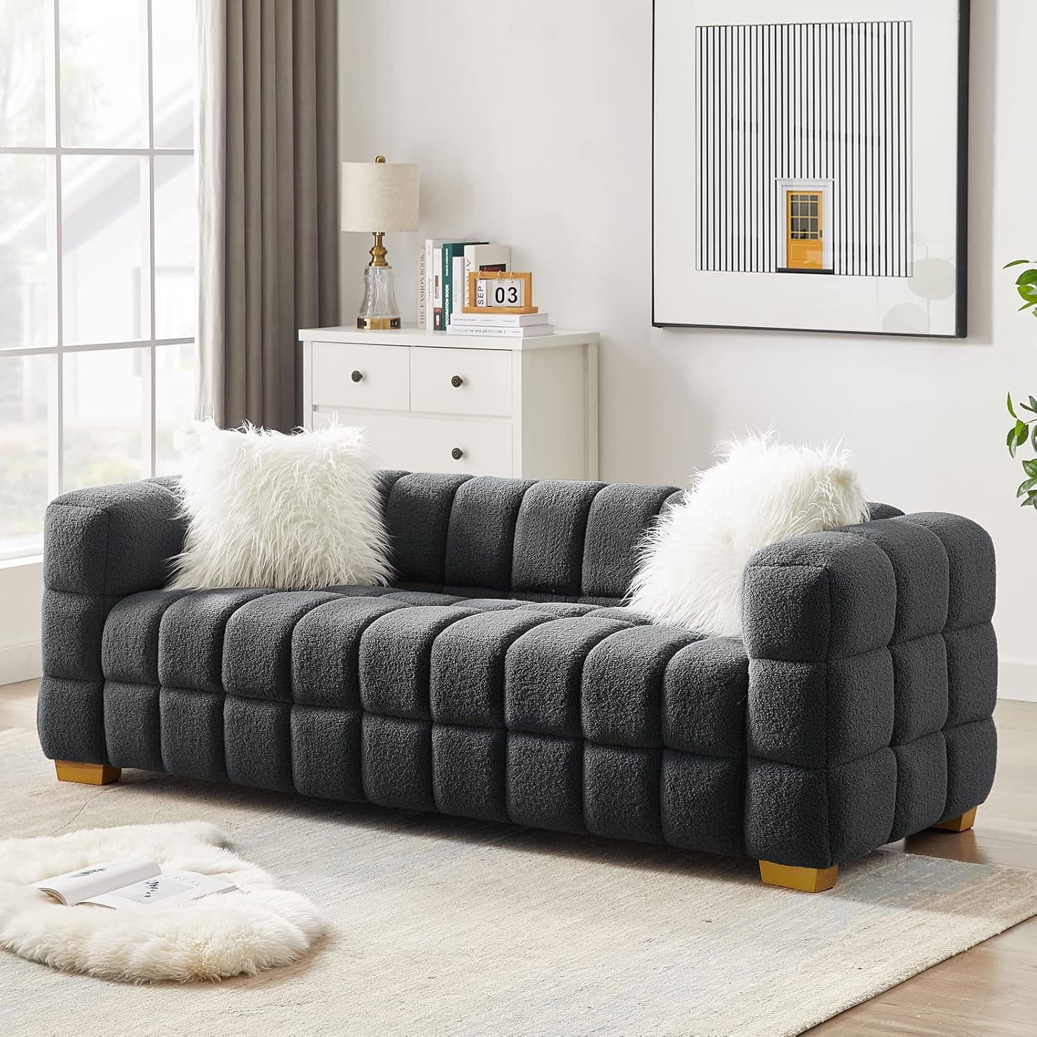 Channel Tufted Boucle Sofa Couch for Living Room Bedroom Office Soft ...