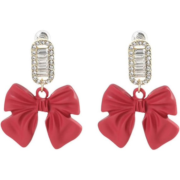 Channel V Ribbon Bow Dangle Earrings Rhinestone Matte Black Red Vintage ...