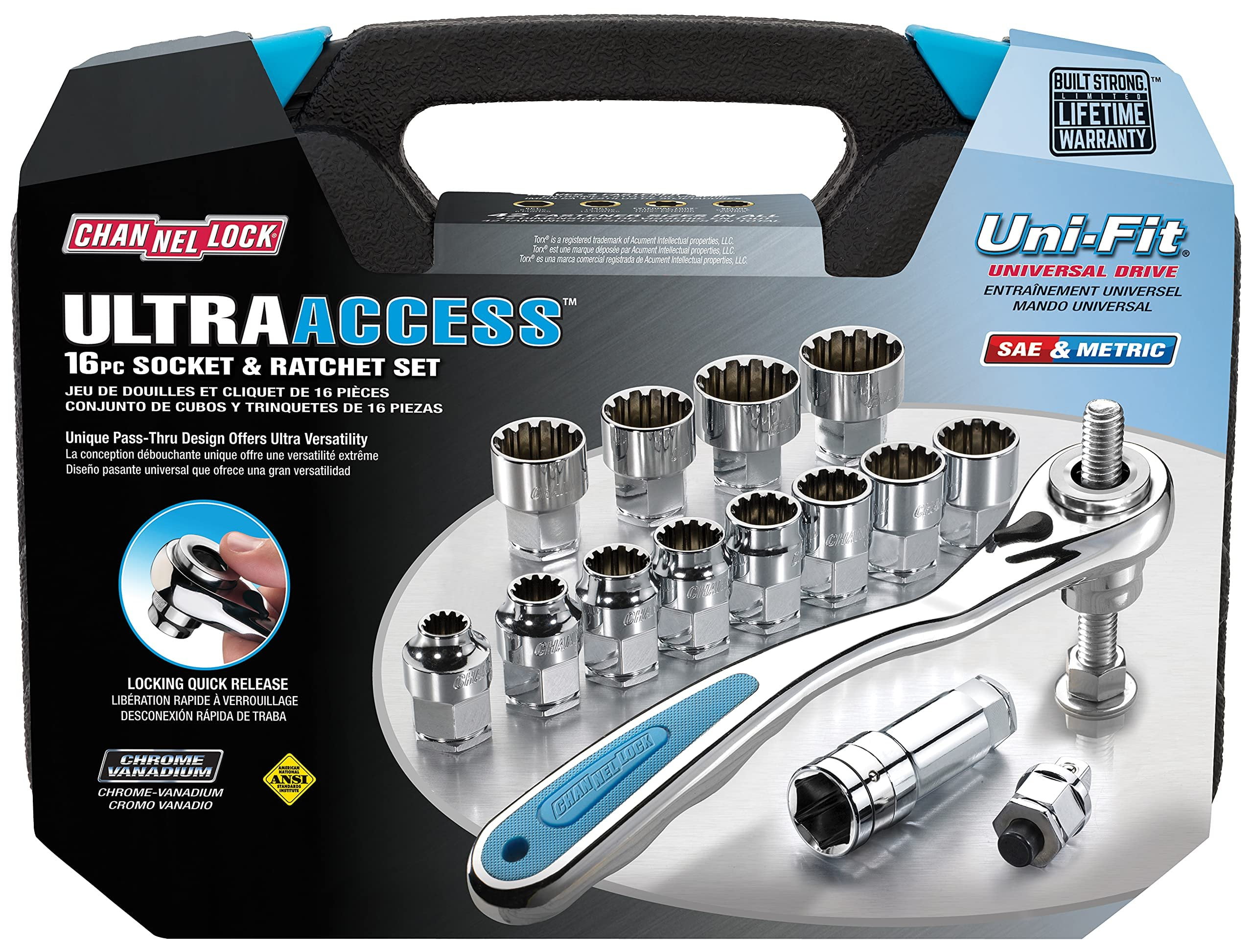 Channellock 39100 Ultra Access Socket Set, 16 Piece, Chrome/Nickel ...