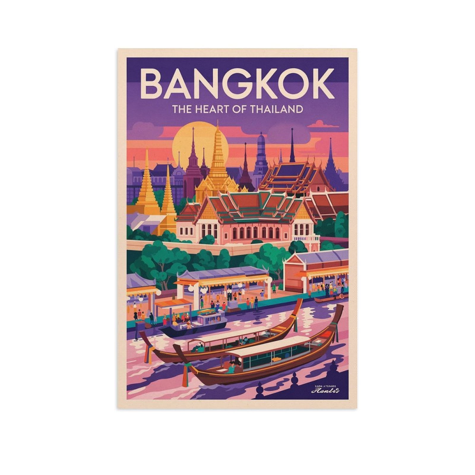 Chao Phraya River Classic Poster Retro Bangkok Cityscape with Temples ...