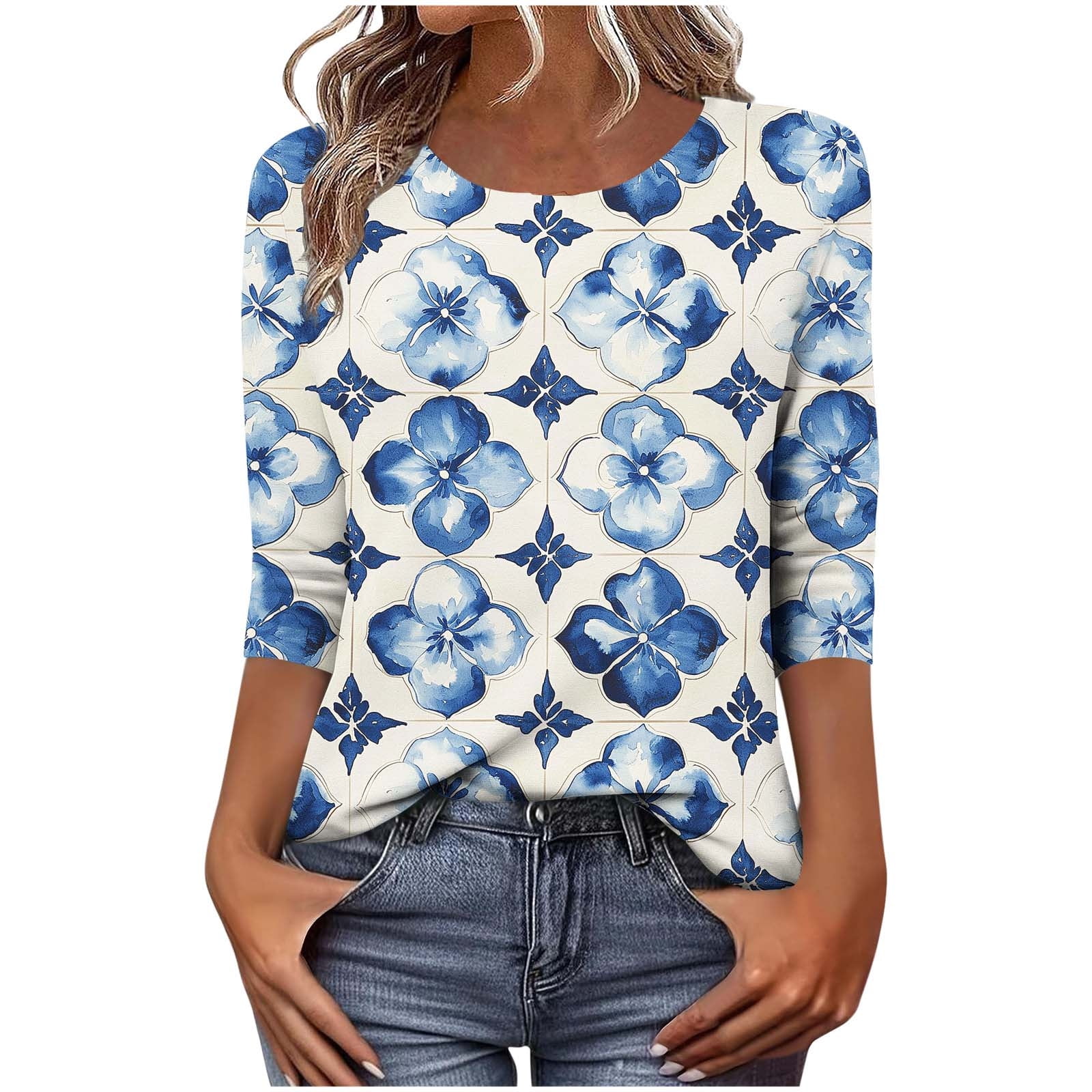 ChaoHeng 3/4 Length Sleeve Womens Tops Cotton Oversized Going Out Tops ...
