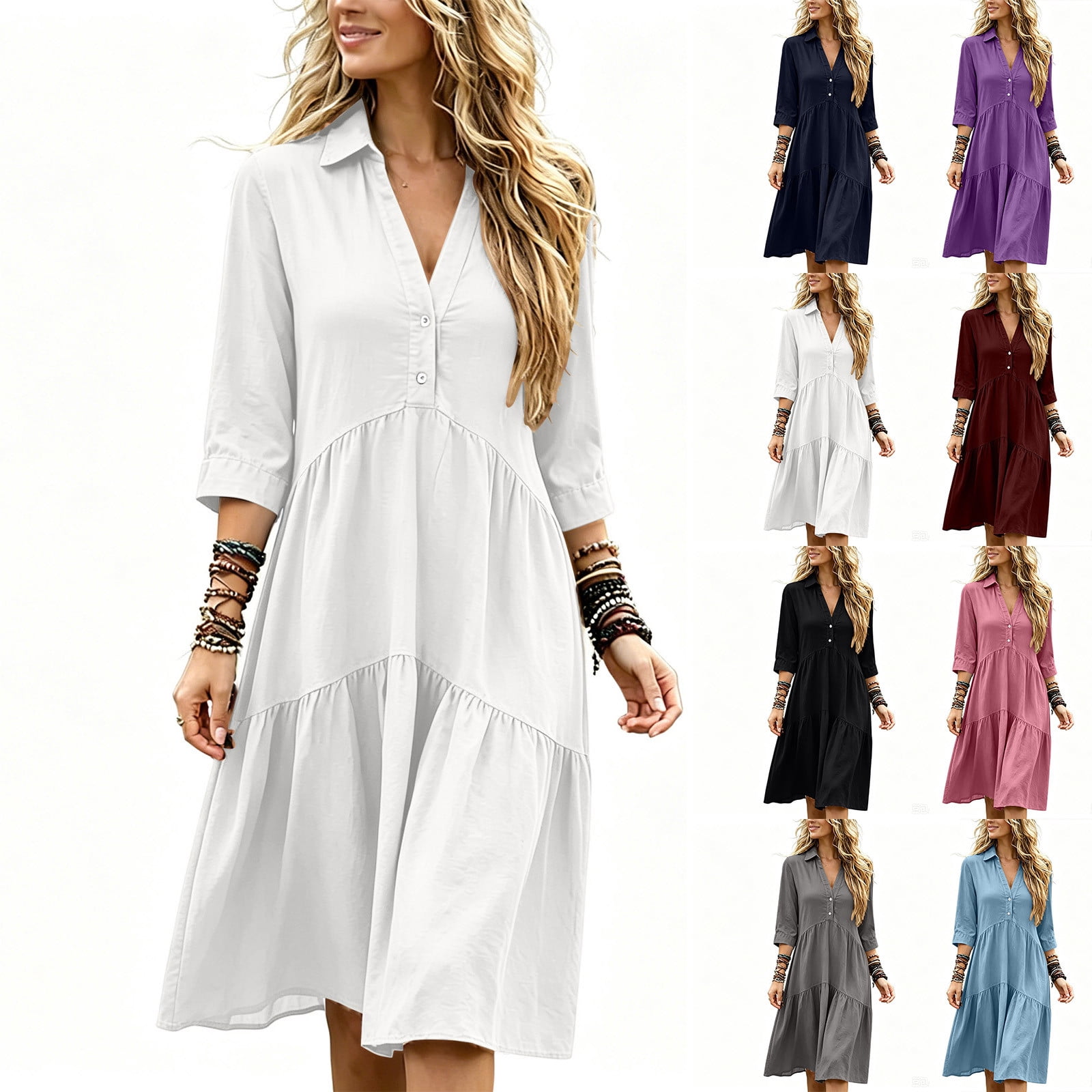 Chaoheng Dresses For Women Casual For V Neck Button 3 4 Sleeve Solid