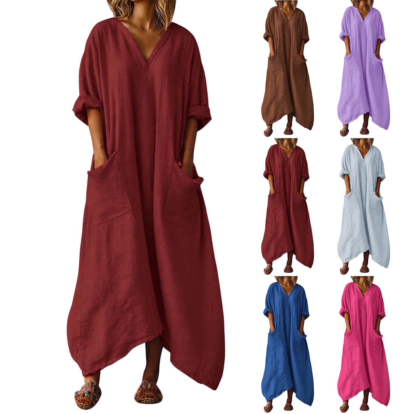 ChaoHeng Dresses for Women Womens Summer Dresses V Neck Linen Solid 3/4 ...